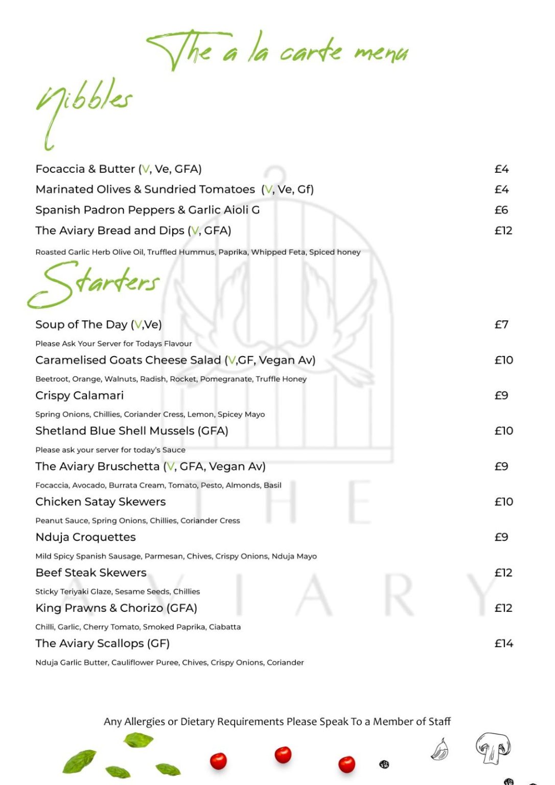 A La Carte Menu – The Aviary